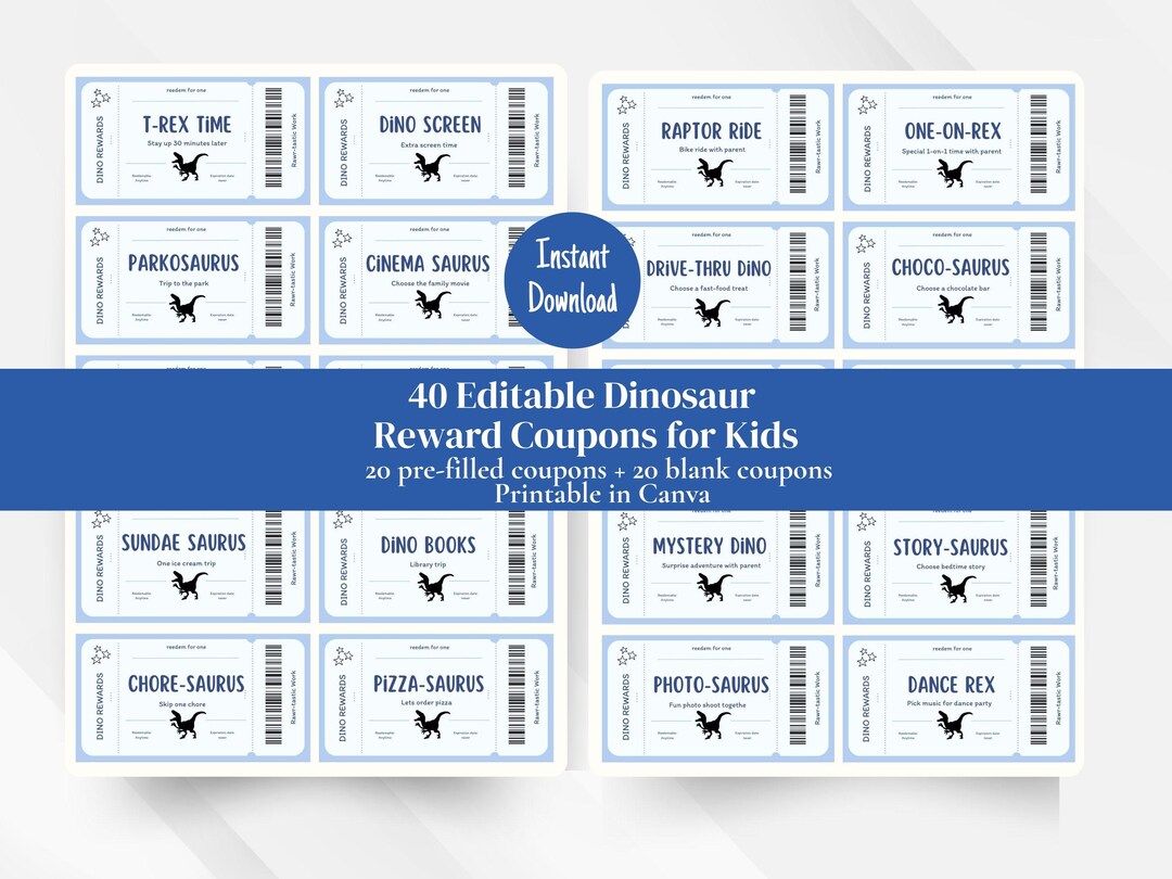 Dinosaur Reward Coupon Book: Editable Kids Printable (digital Download ...