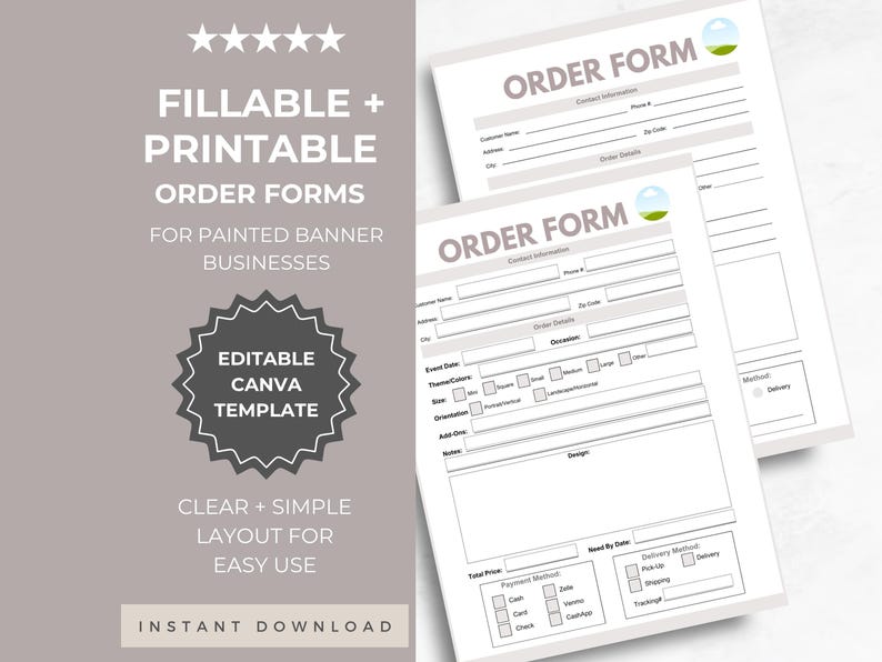 Editable Order Form Template (fillable + Printable) for Painted Banner ...