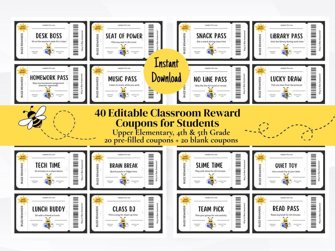 Bee Classroom Reward Coupons: Editable Student Incentives (digital ...
