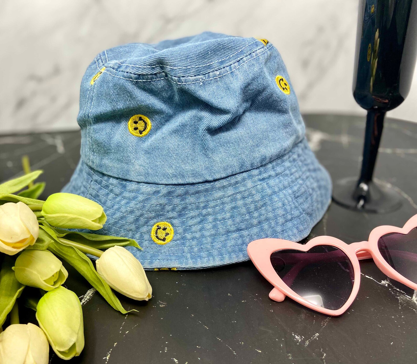 Smiley Face Embroidered Denim Bucket don't Worry Be Happy | Etsy