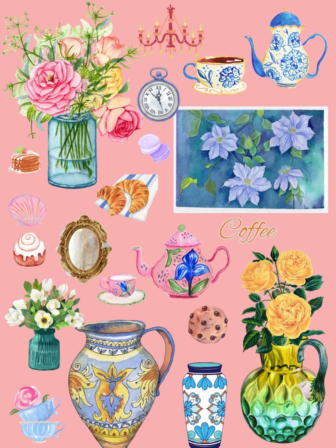 Wall Art | Vintage Coffee Station Art Print | Pink Kitchen Decor ...