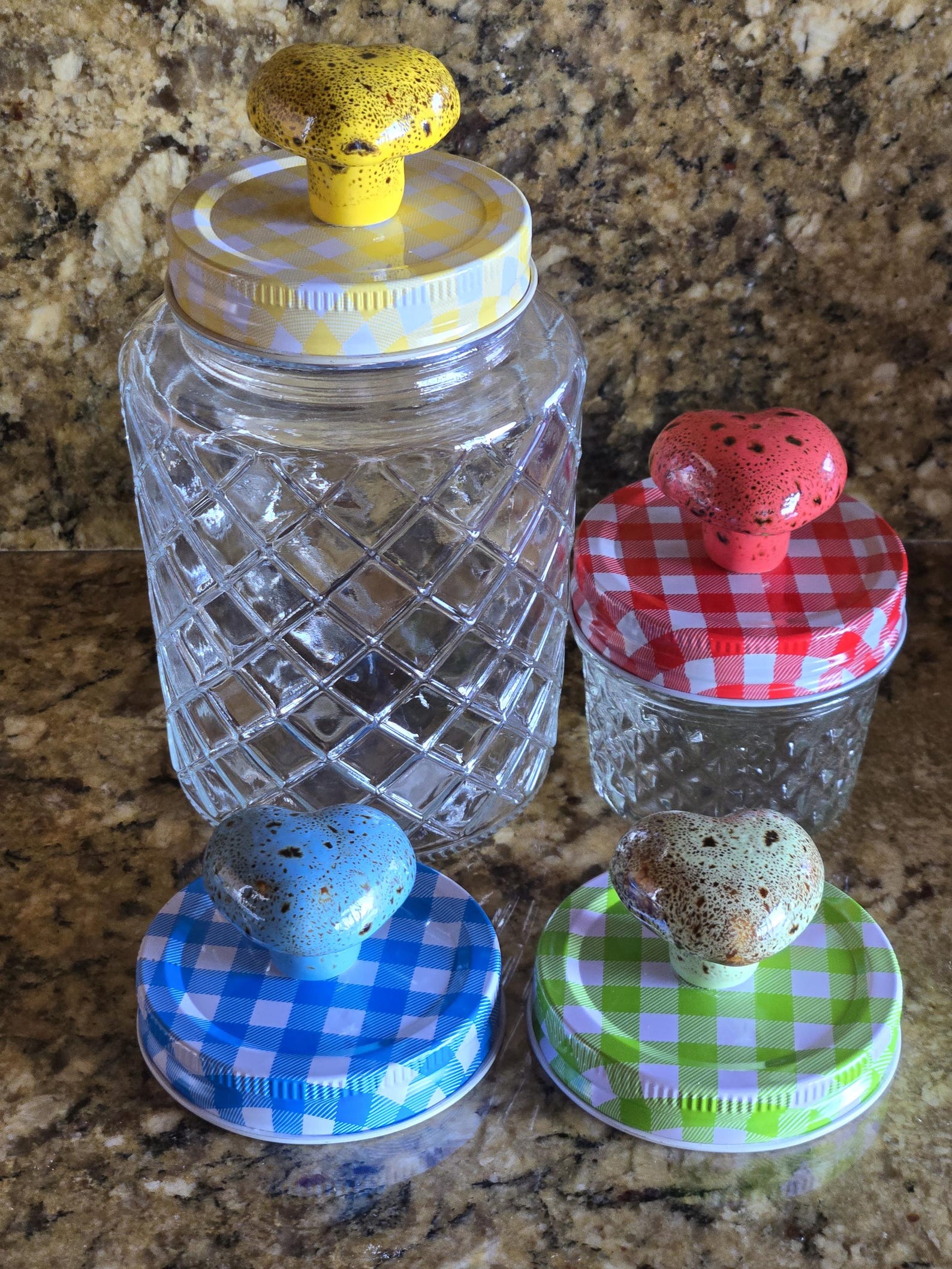 Multi-colored Checker Mason Jar Lids With Decorative Ceramic Hearts - Etsy