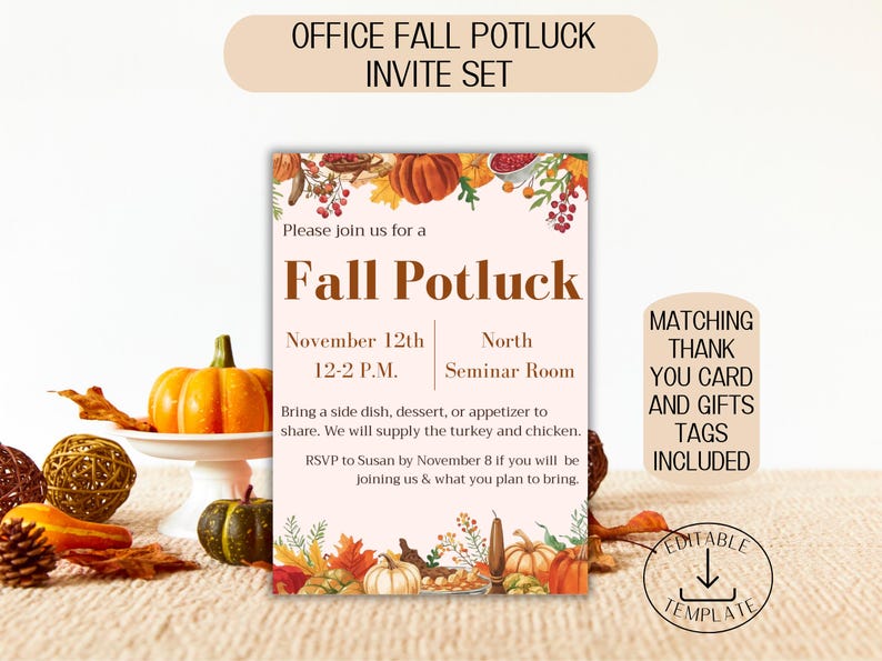 Editable Office Fall Potluck Invitation Set | Autumn Work Party Evite ...