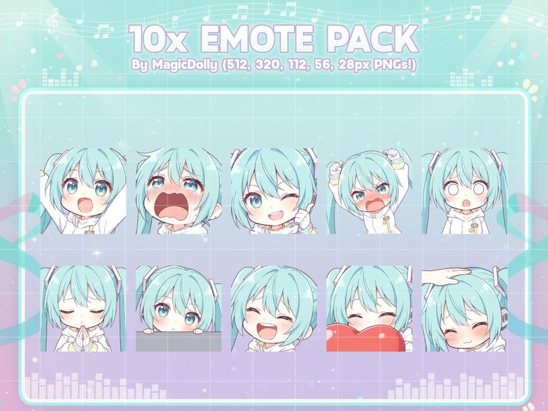Hatsune Miku Emotes, Vocaloid Anime Chibi Stickers Emoji for Discord ...