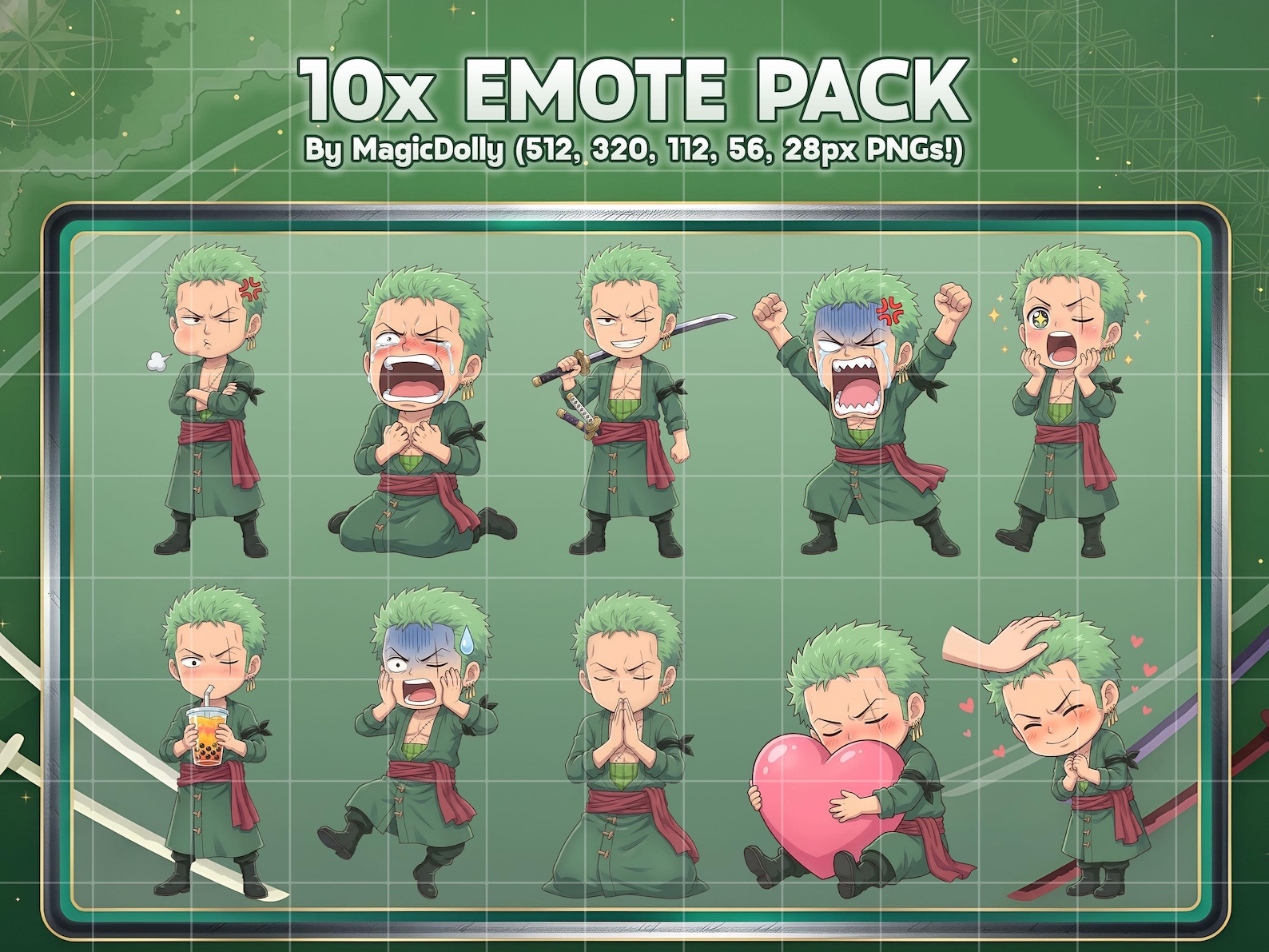 Roronoa Zoro Emotes, One Piece Chibi Stickers for Twitch/discord ...