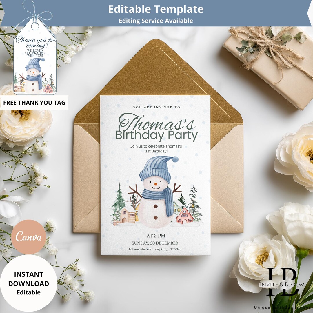 Snowman Birthday Invitation, Winter Birthday Party Invite, Snowing ...