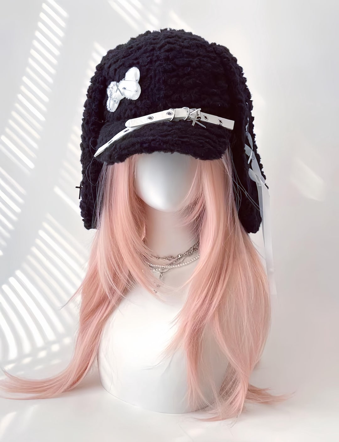 Y2K Bunny Ear Sherpa Baseball Cap With Punk Buckle & Cross Patches ...