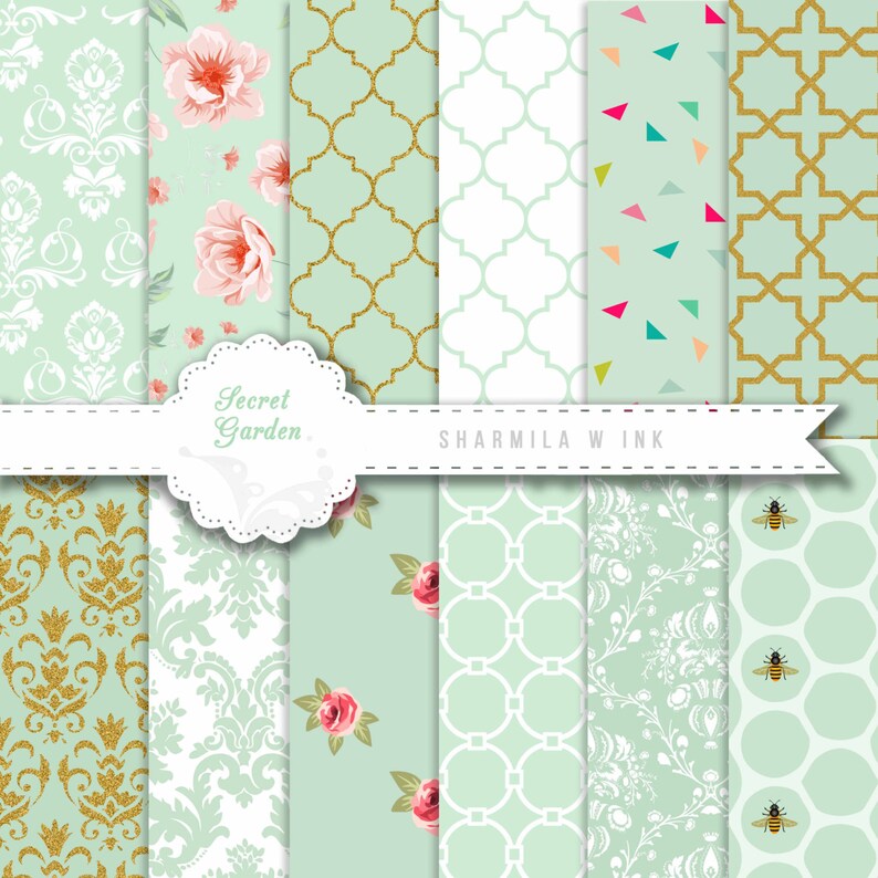 Mint Digital Paper. Secret Garden : Mint, Pink, Gold, Damask, for ...