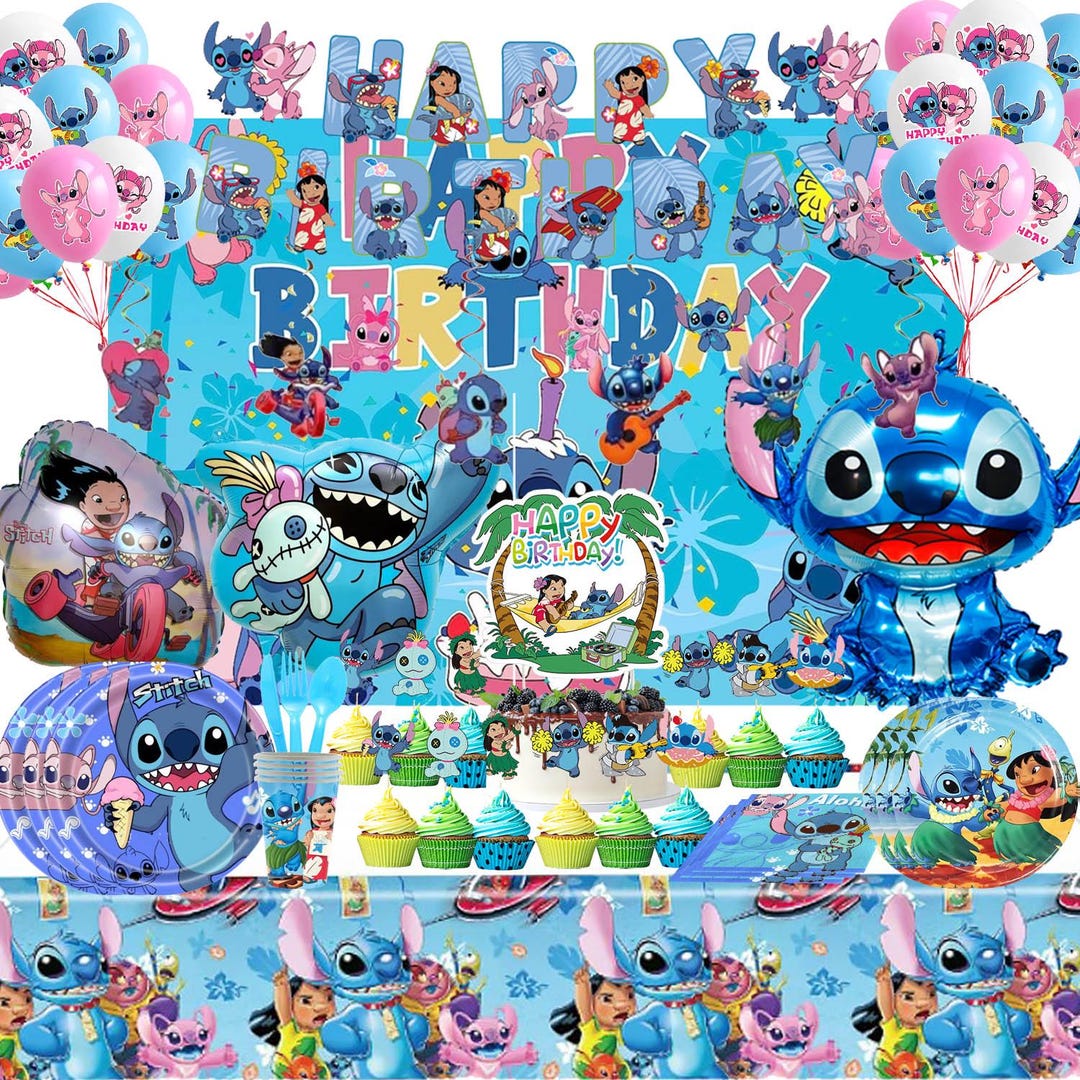 190 Pcs Stitch Birthday Party Decoration Set - Cake Toppers, Backdrop ...