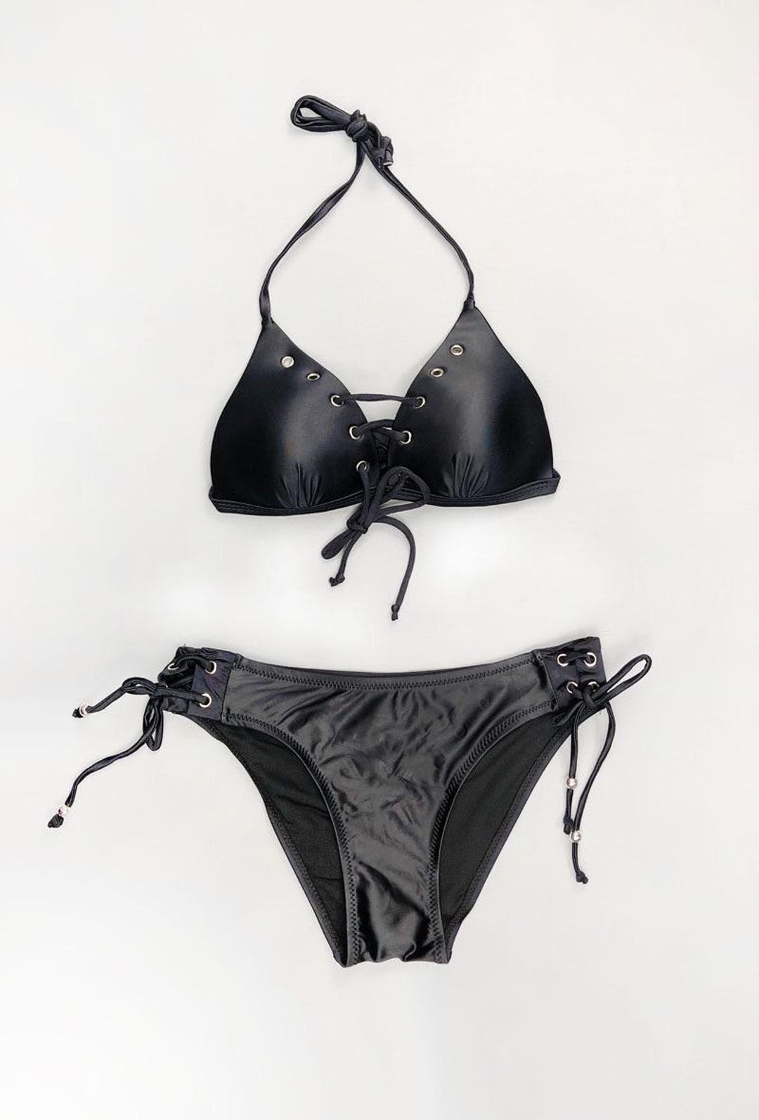 Black Satin Glow Triangle Bikini Set - Etsy