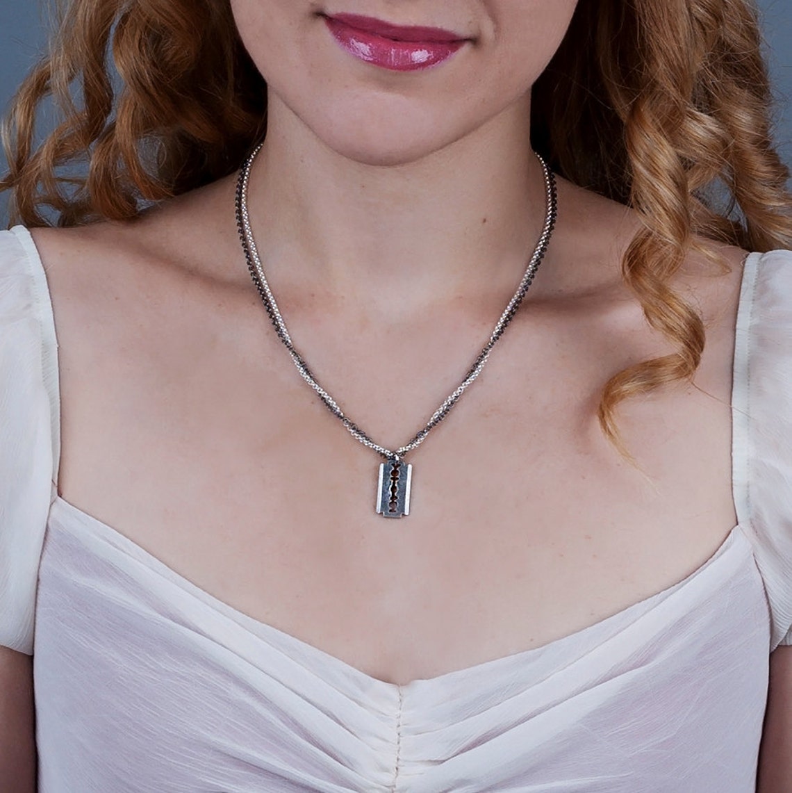 Razor Necklace, Silver Razor Blade Necklace, Black Silver Necklace ...
