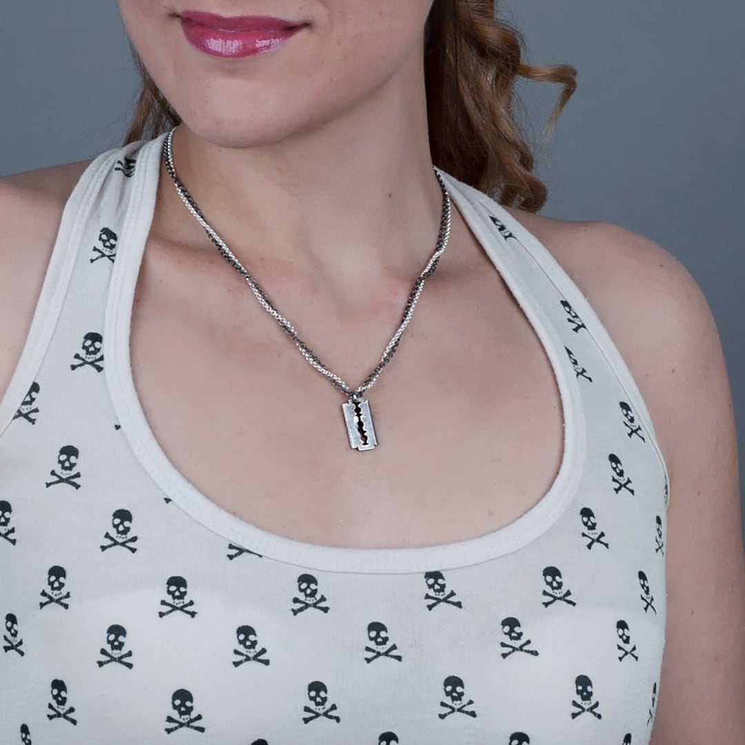 Razor Necklace, Silver Razor Blade Necklace, Black Silver Necklace ...
