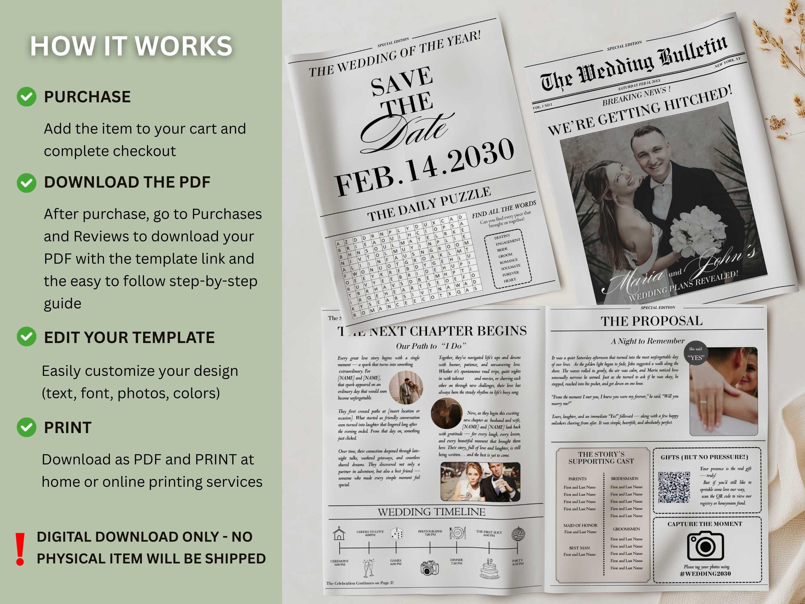Wedding Newspaper Wedding Program Save the Date Template Newspaper ...
