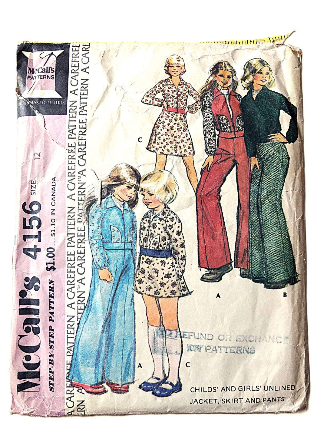 Vintage 70s Girls Jacket Bell Bottoms Skirt Sewing Pattern Size 12 ...