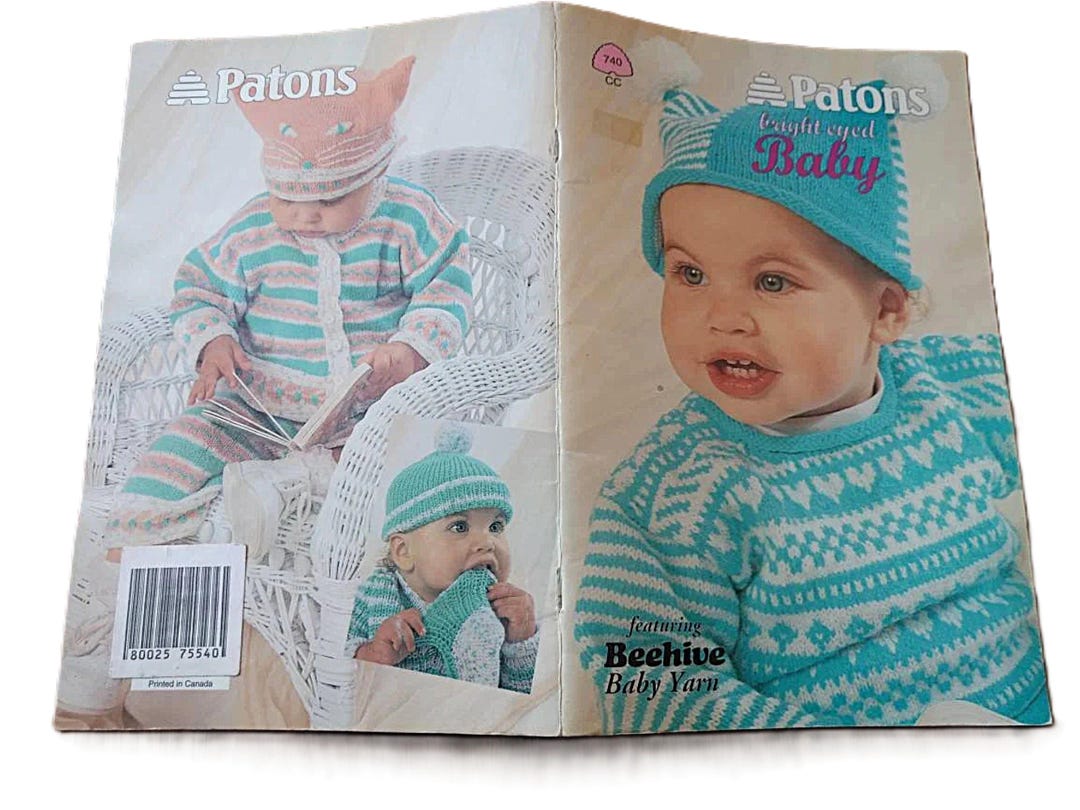 Vintage Knitting Pattern Book Patons Bright Eyed Baby Sweater Cat Hat ...