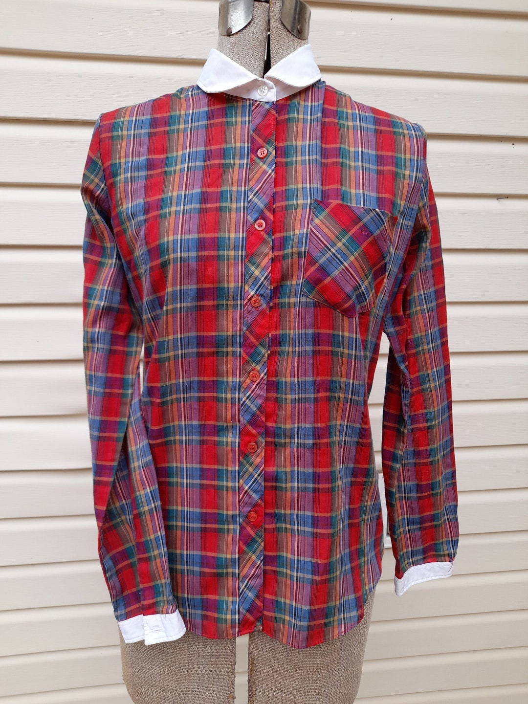 Vintage 80s Plaid Shirt With White Collar 36 Bust - Etsy