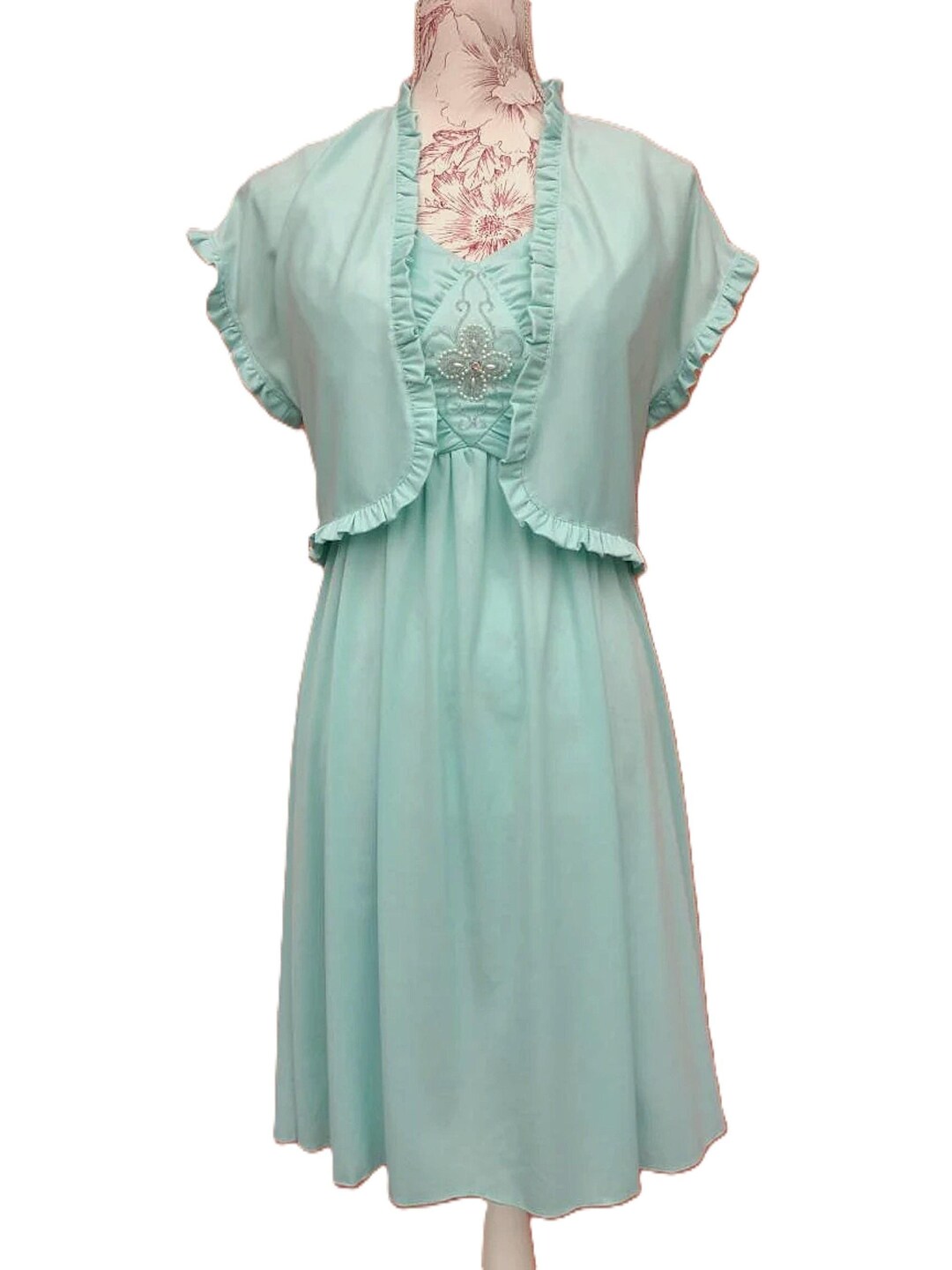 Vintage Beaded Dress Light Blue Turquoise With Bolero Jacket 34" Bust ...