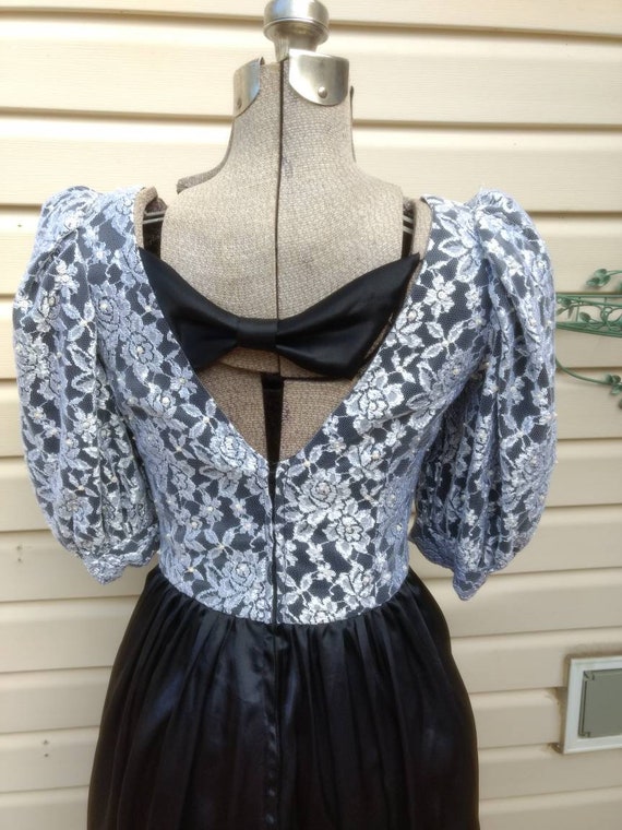 1980s Formal Prom Dress 31" Bust Black Satin Bows Whi… - Gem