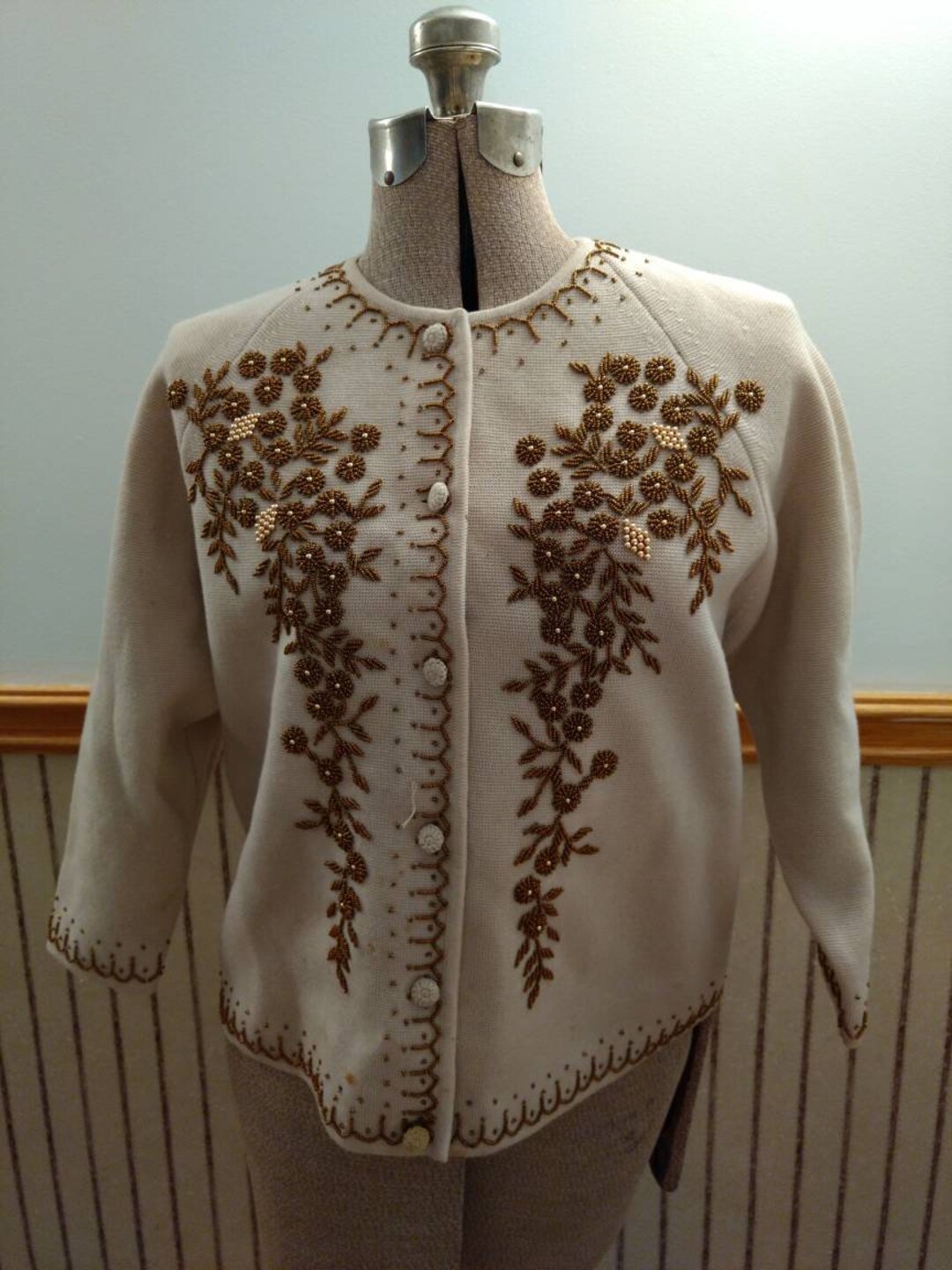 1950s Cocktail Jacket Filigree Beading Embellished Cardigan Pure Wool ...