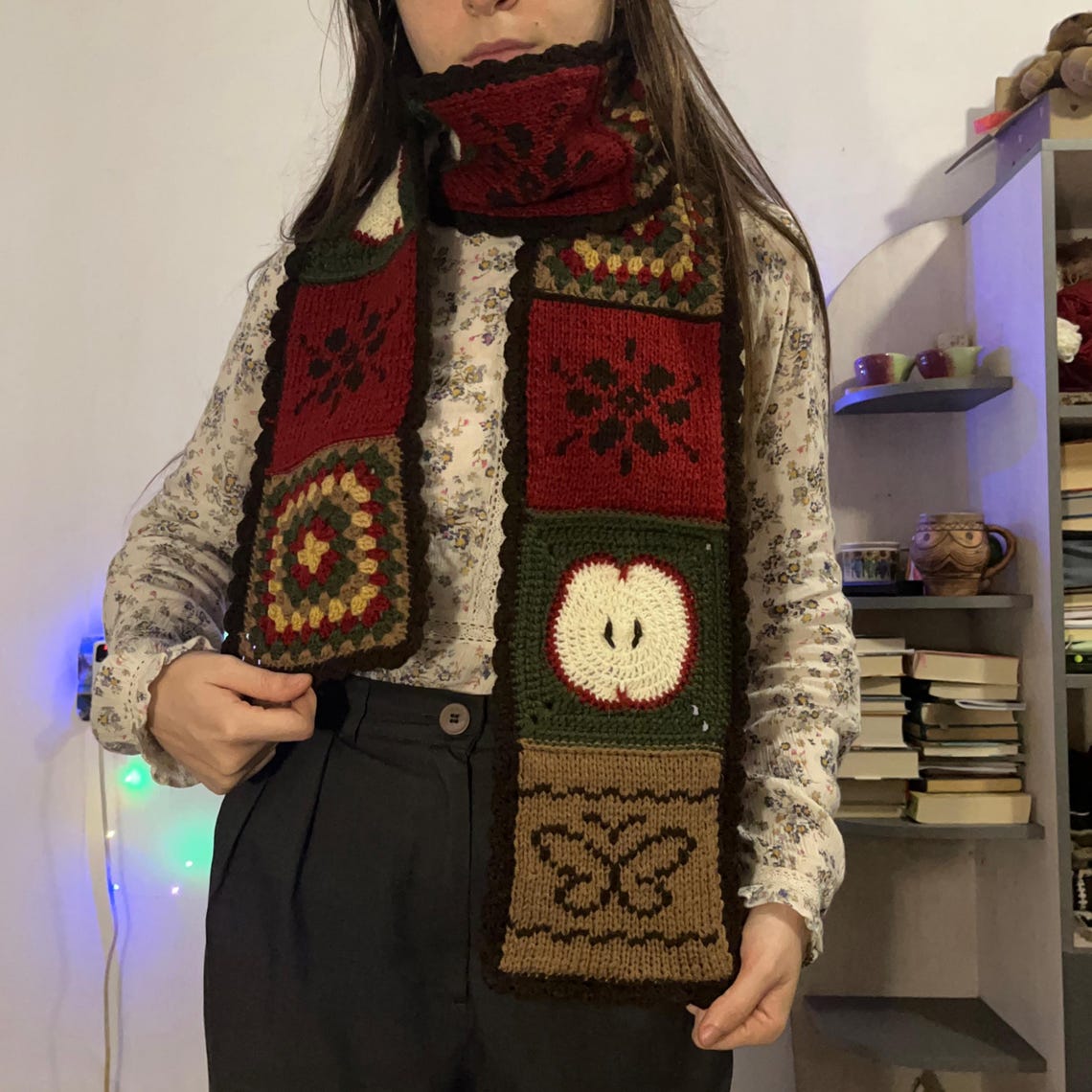 Crochet + Knit Cottagecore Patchwork Scarf PDF Pattern, Flowers and ...