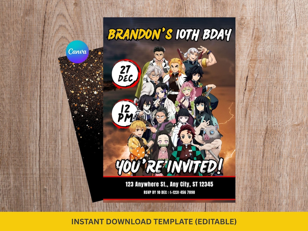 Japanese Anime Birthday Invitation Kids Party Invite Editable Tanjiro ...