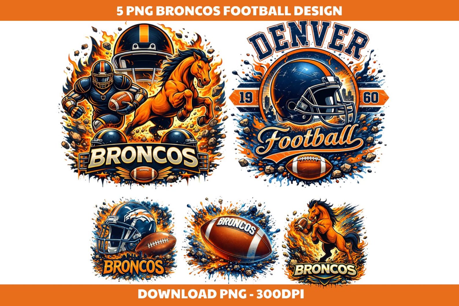 Broncos Football PNG Bundle, 5 Mascot Designs, Denver Football Clipart ...