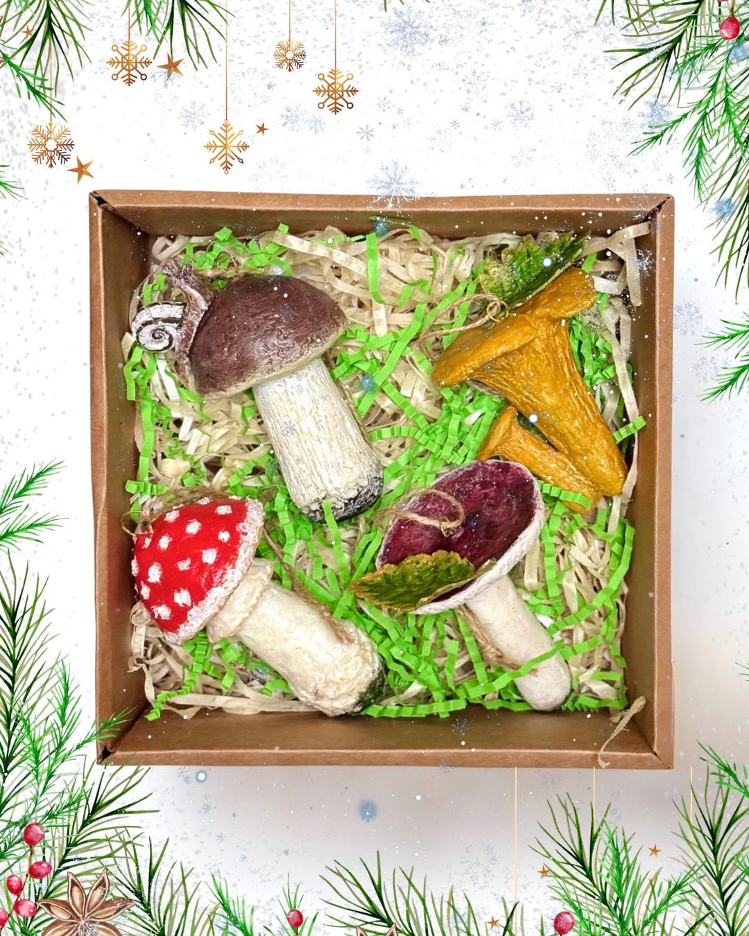 Set of 4 Paper Mache Mushroom Christmas Ornaments | Woodland Handmade ...