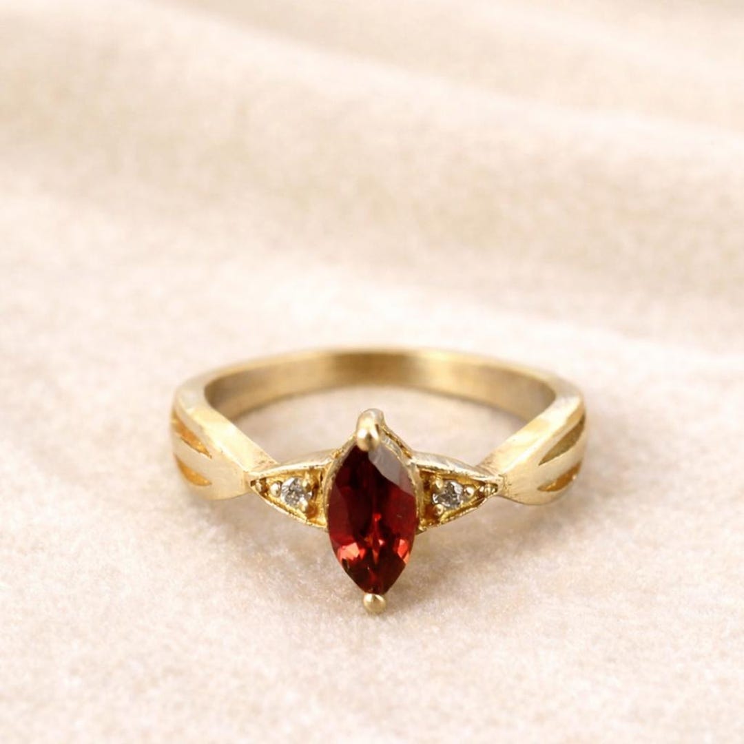 Marquise Red Stone Ring, Gold Tone Ring, Vintage Style Ring, Garnet ...