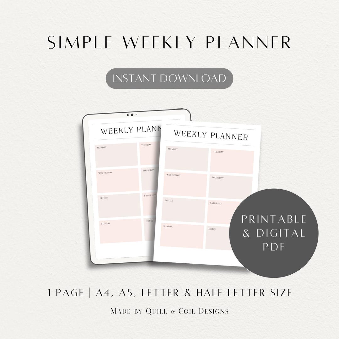 Simple Weekly Planner: Printable & Downloadable PDF - Etsy