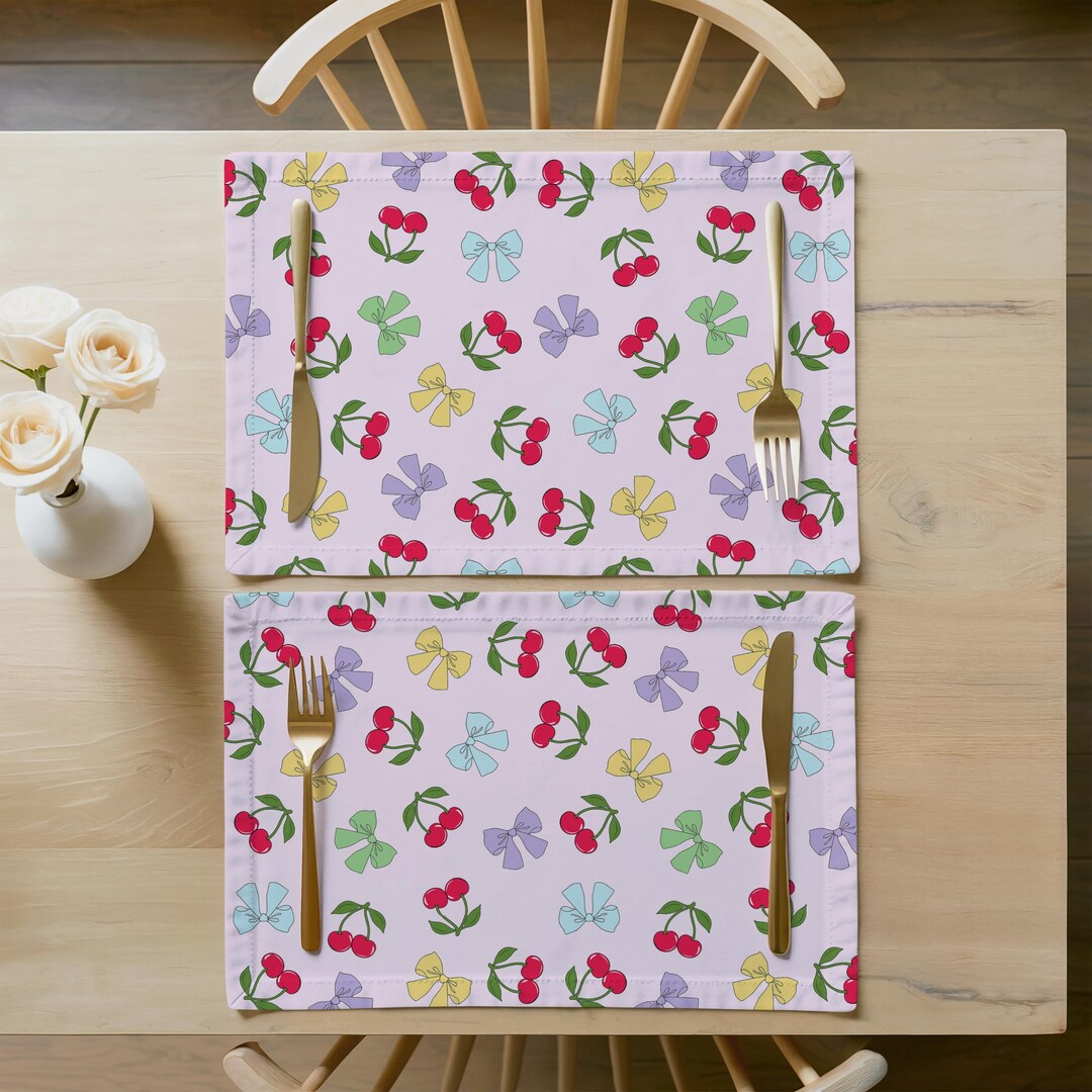 Pink Cherry Bow Placemat – Cute Pastel Table Mat for Spring Brunch ...