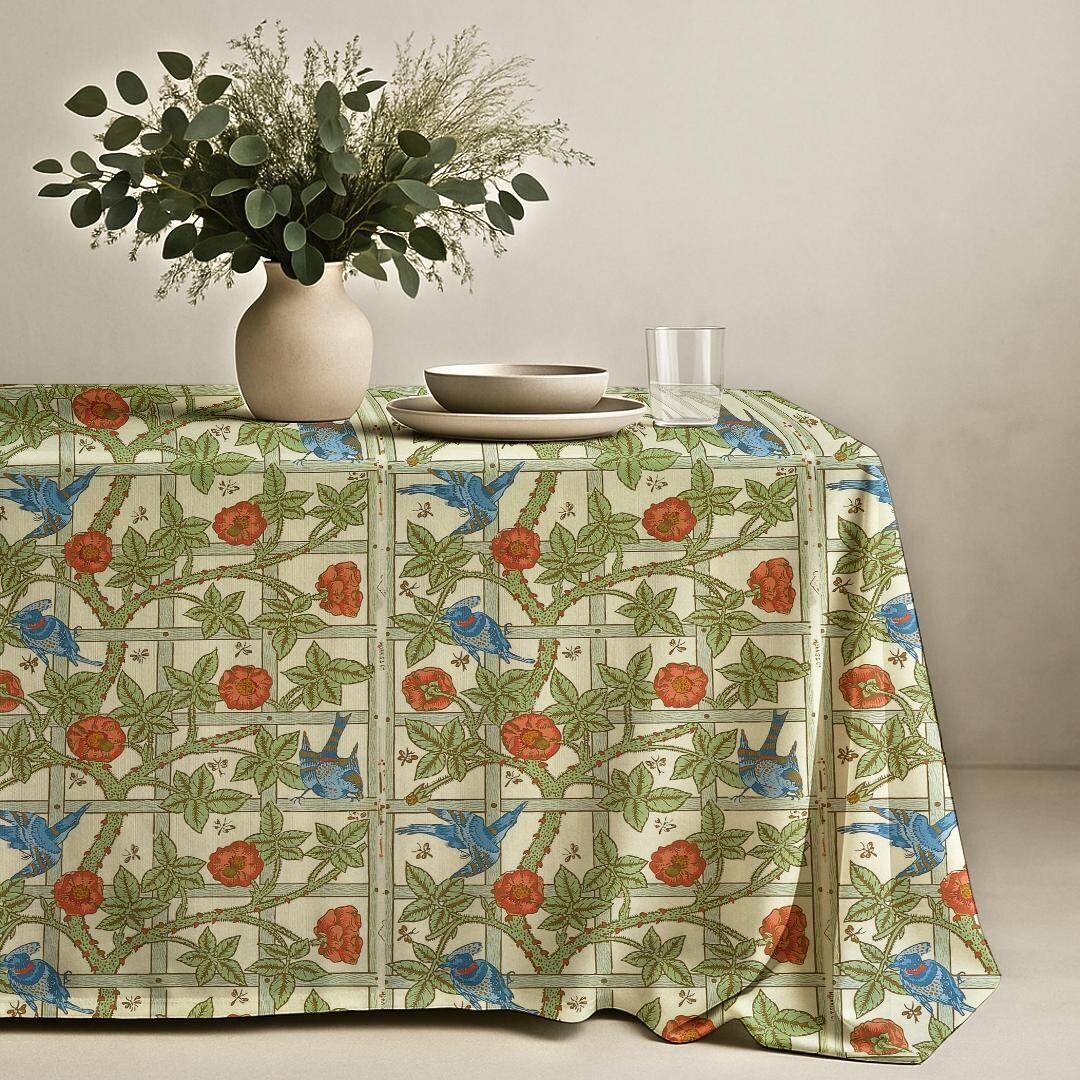 Cream Green Bird Tablecloth - Blue Birds Red Flowers Nature Pattern ...