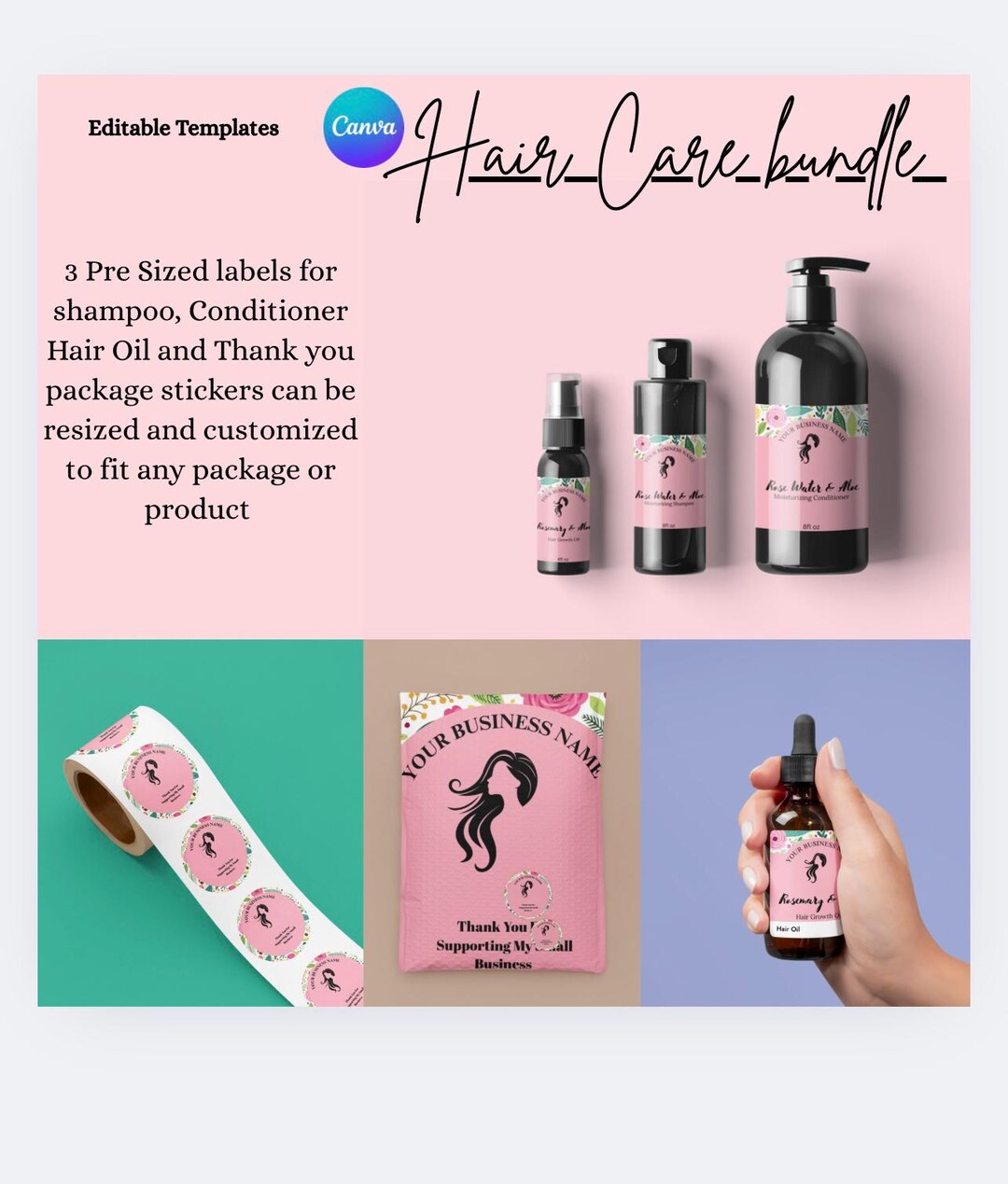 Editable Hair Care Brand Templates Pre Sized Shampoo Labels, Hair Oil ...