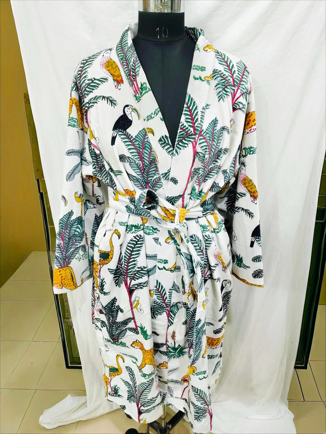 White Jungle Print Velvet Kimono Robes Handmade Cotton Velvet Robe ...