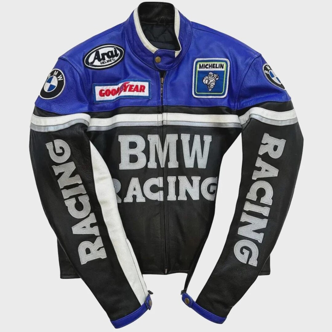 Handmade BMW Racing Leather Jacket Blue Black White Motorcycle Biker ...