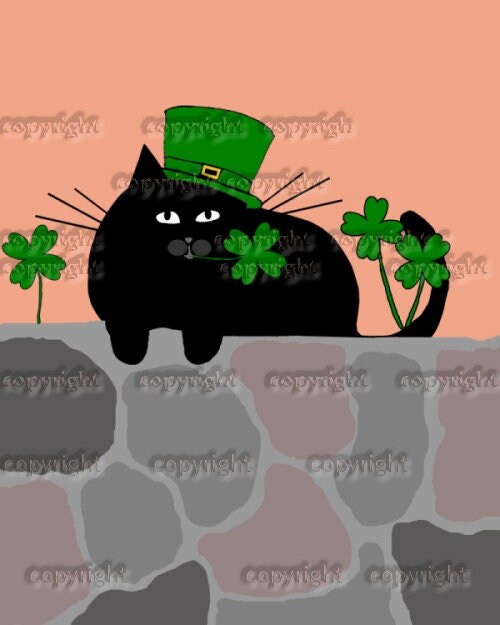Irish Cat, Black Cat, St Patrick's Day, Shamrocks, Printable Art ...
