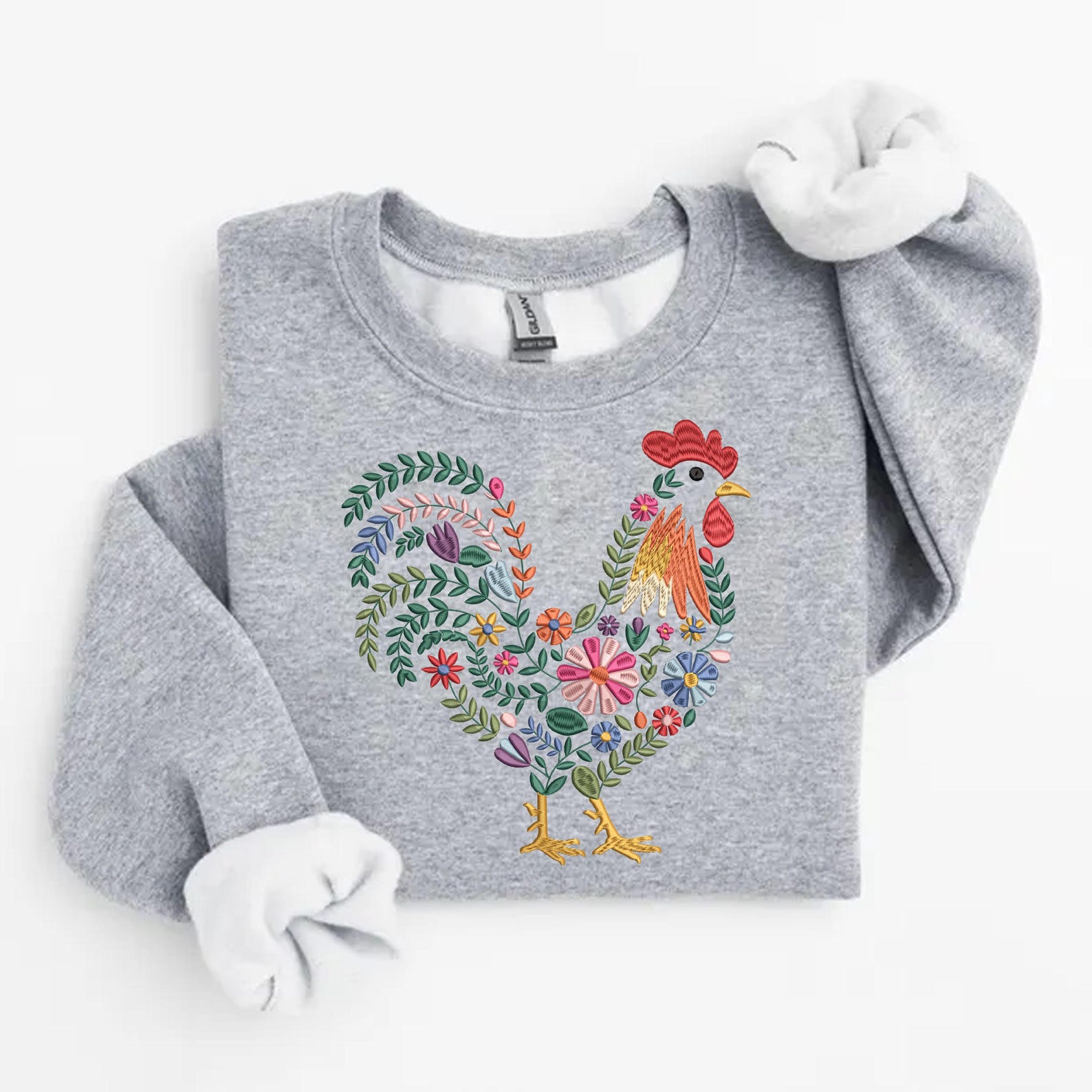 Floral Rooster Embroidery Design, Colorful Chicken Embroidery Pattern ...