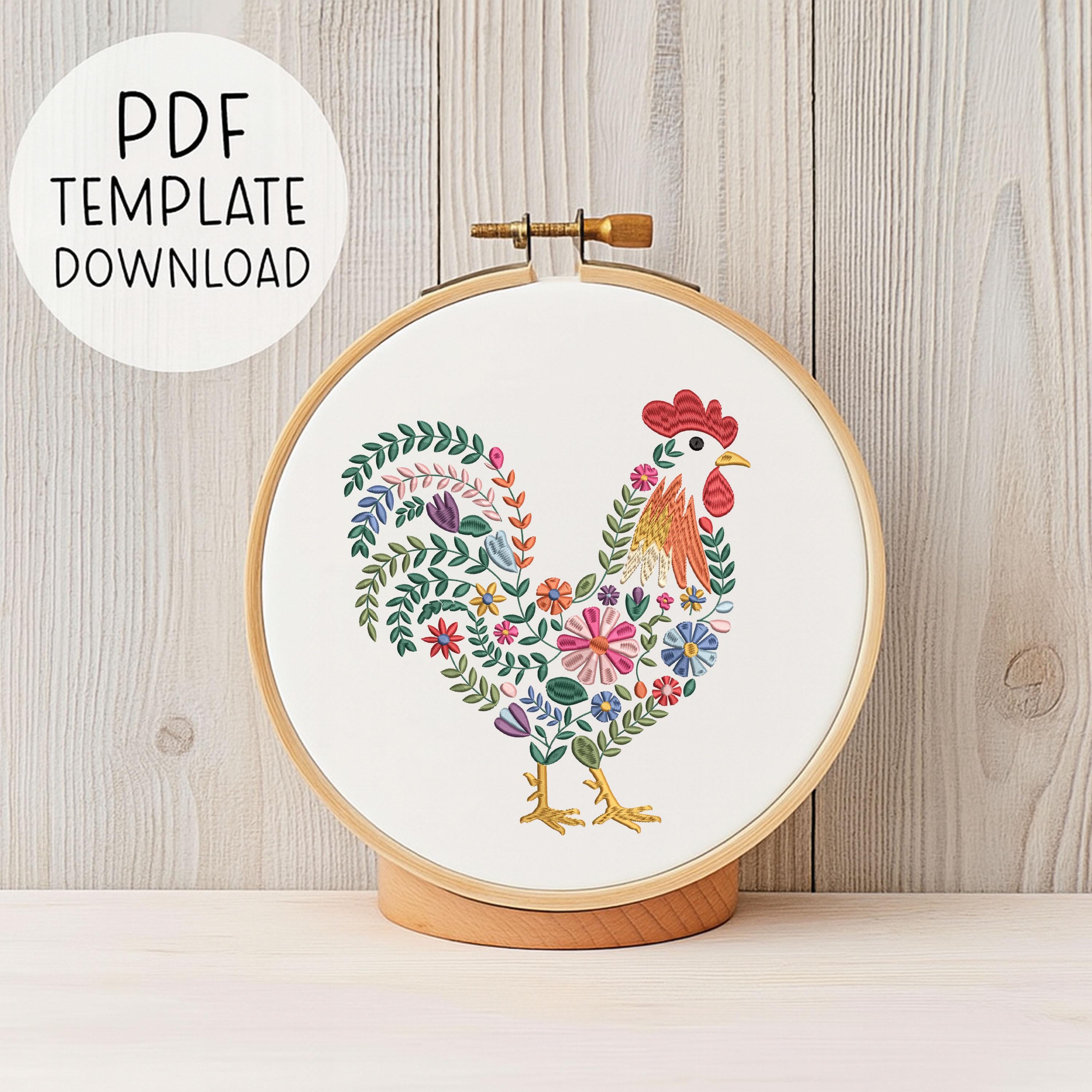 Floral Rooster Embroidery Design, Colorful Chicken Embroidery Pattern ...