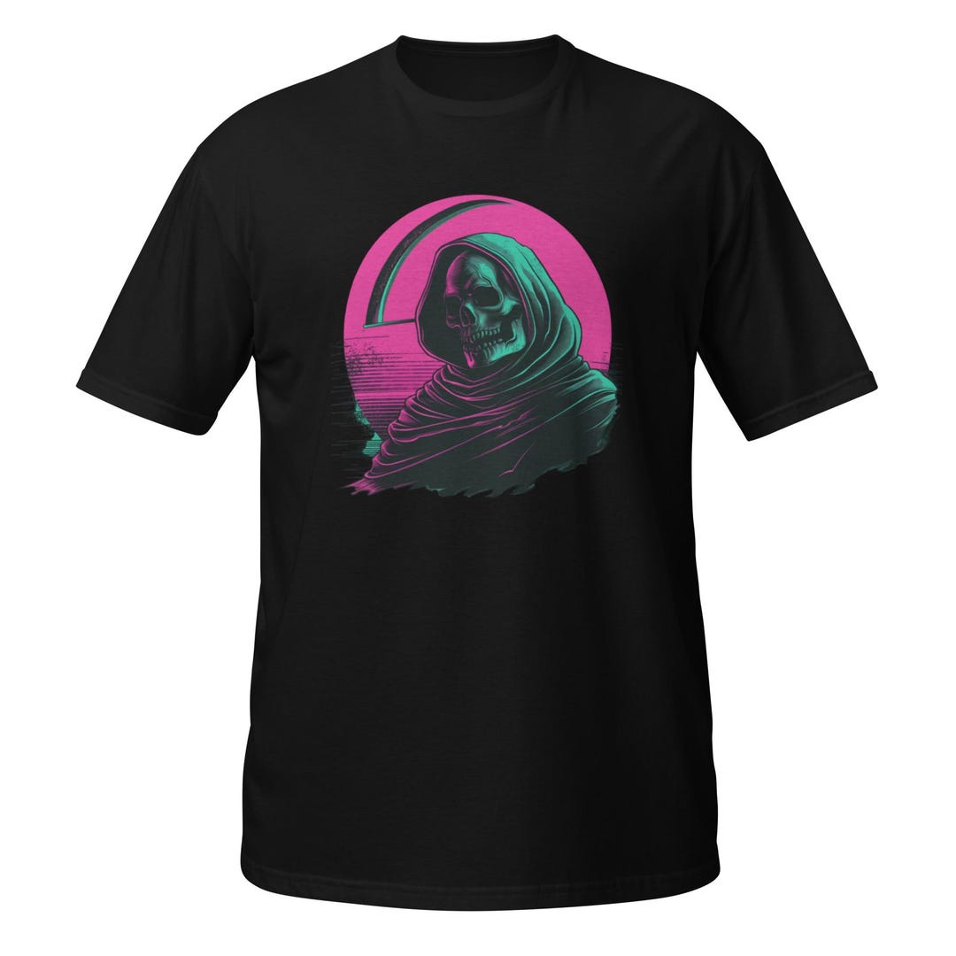Neon Grim Reaper Skull Shirt | Retro Wave Horror T-shirt in Pink & Teal ...