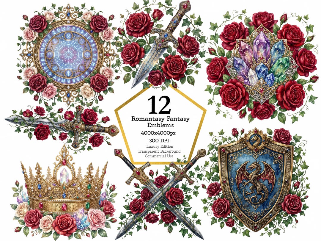 Romantasy Fantasy Emblems Clipart, Magic Crest PNG Bundle, Romantic ...