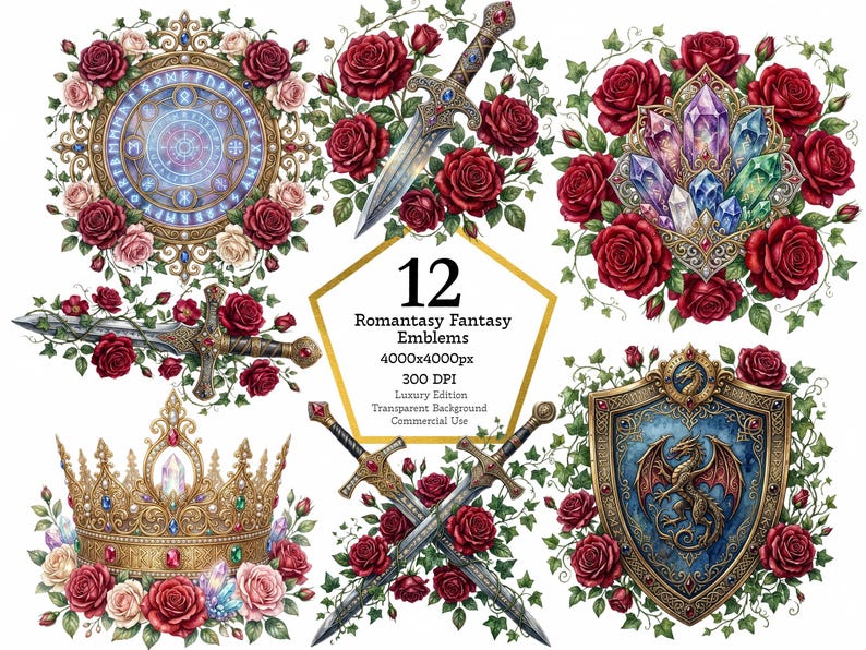Romantasy Fantasy Emblems Clipart, Magic Crest PNG Bundle, Romantic ...