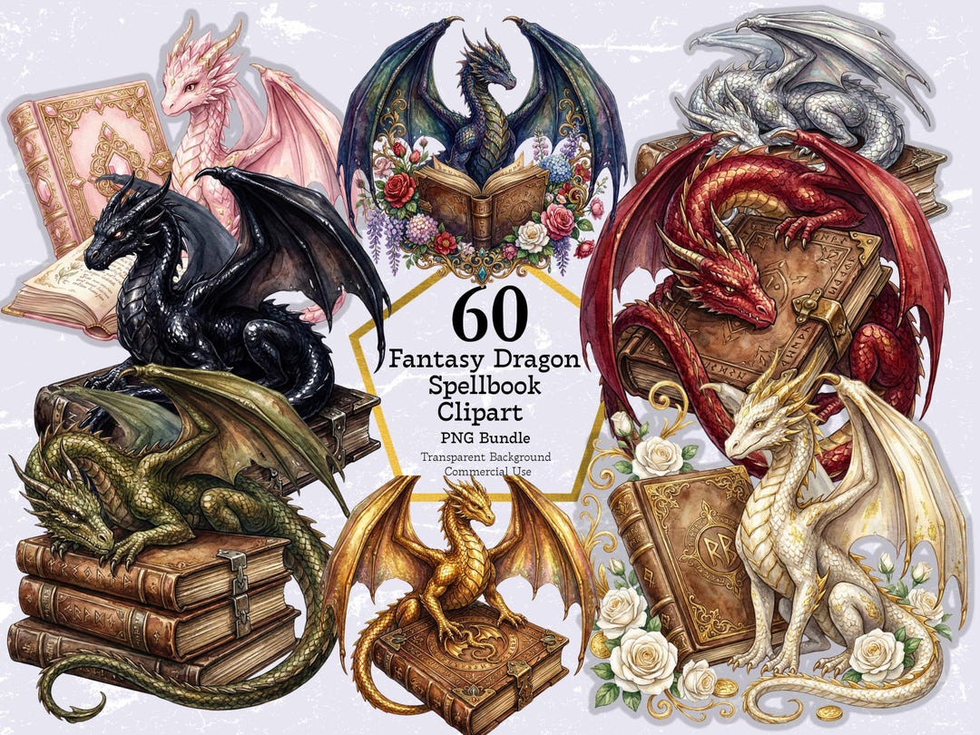 Fantasy Dragon Spellbook Clipart, Watercolor PNG Bundle - Etsy