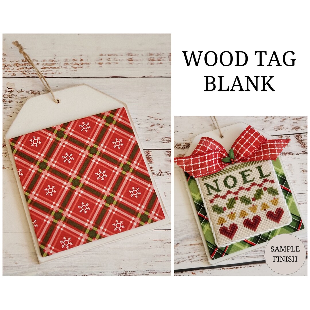 RED WINTER PLAID Wood Tag With Fabric Mat, Cross Stitch Finishing Piece ...