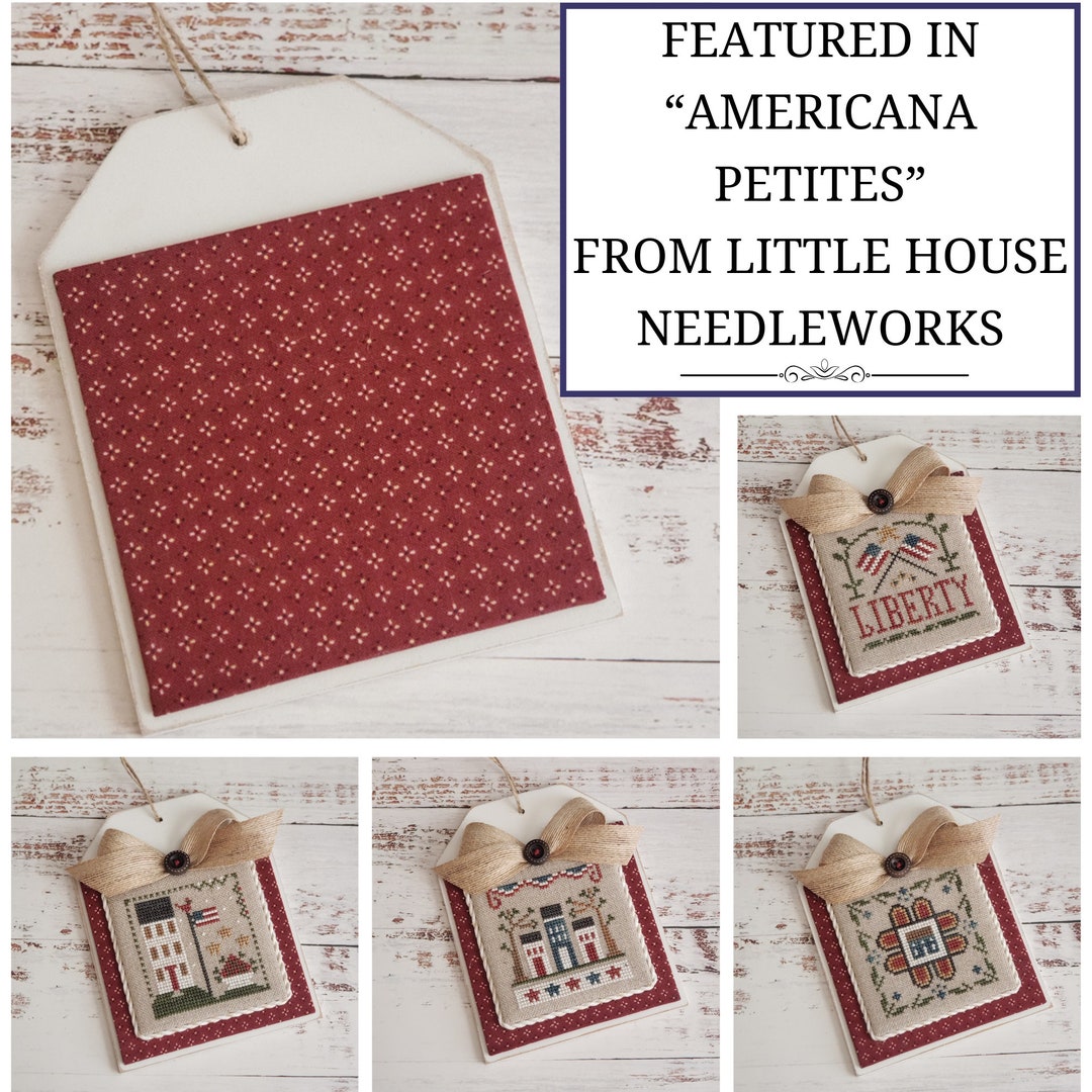 PRIMITIVE RED FLORAL Wood Tag With Fabric Mat, Little House Needleworks ...