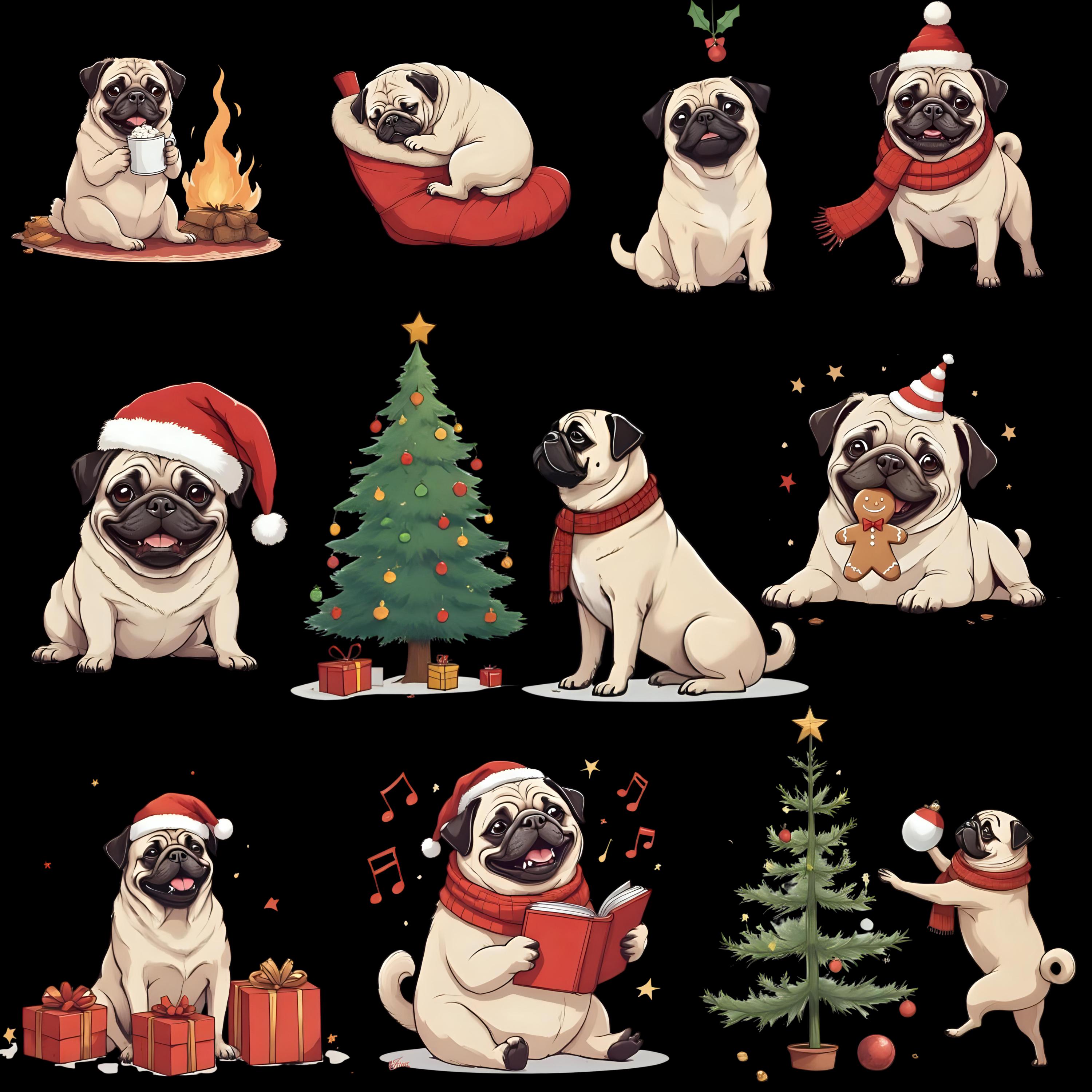 10 Cute Pug Christmas Digital Stickers Set - Festive Holiday Planner ...