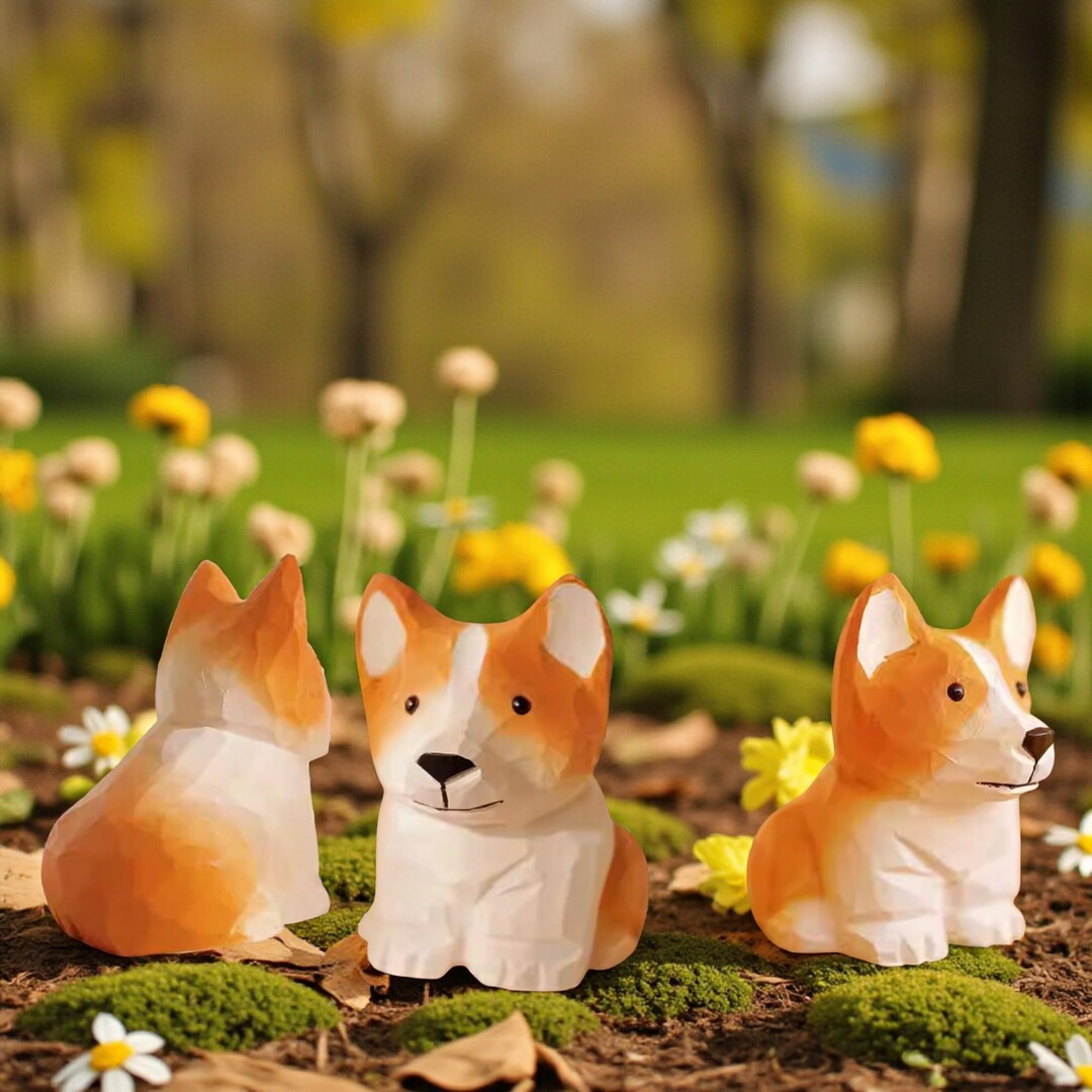 Hand Carved Wooden Animal Figurine, Cute Corgi Dog Miniature ...
