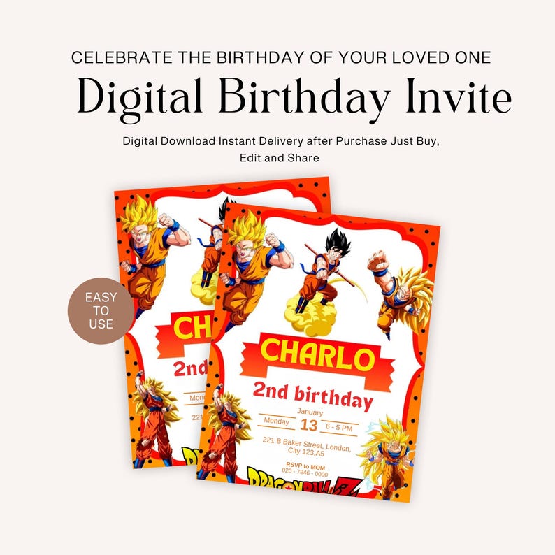Editable Dragon Ball Z Goku Birthday Invitation, Anime Party Template ...