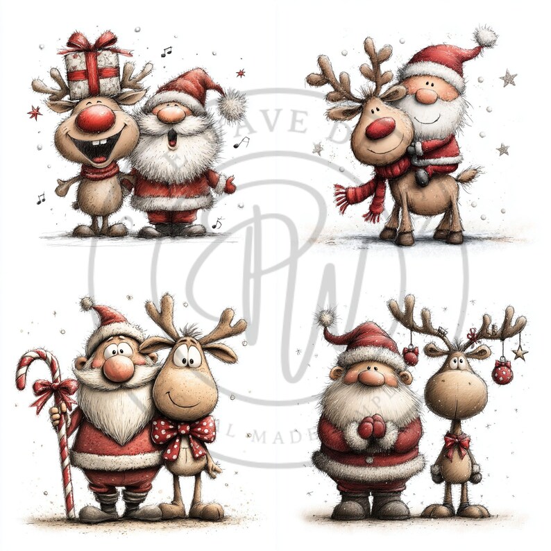 Whimsical Santa Reindeer Clipart: Festive Holiday Graphics (digital ...