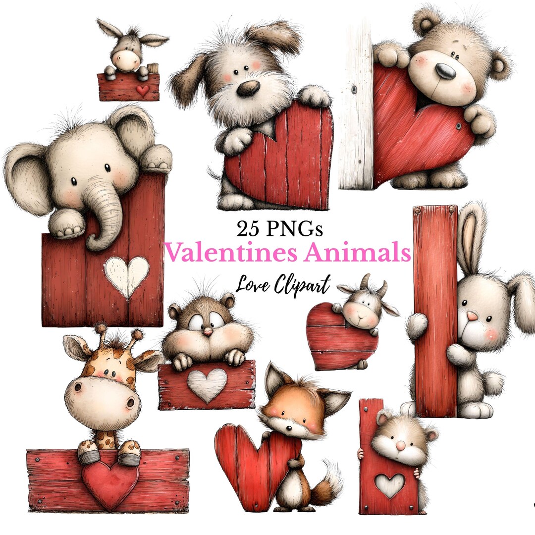 Valentine Animals Clipart, Rustic Red Heart Wooden Signs, Woodland ...