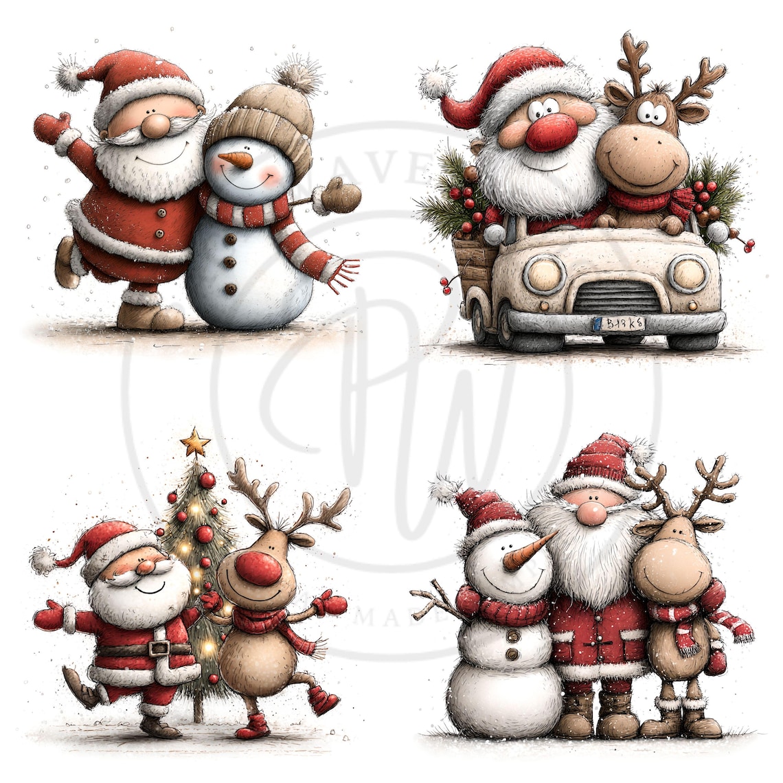 Whimsical Santa and Friends Clipart: Teddy Bear, Reindeer & Snowman ...