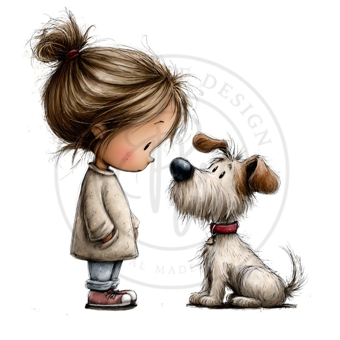 Whimsical Girl and Dog Clipart - Cute Girl With Puppy Graphics (digital ...